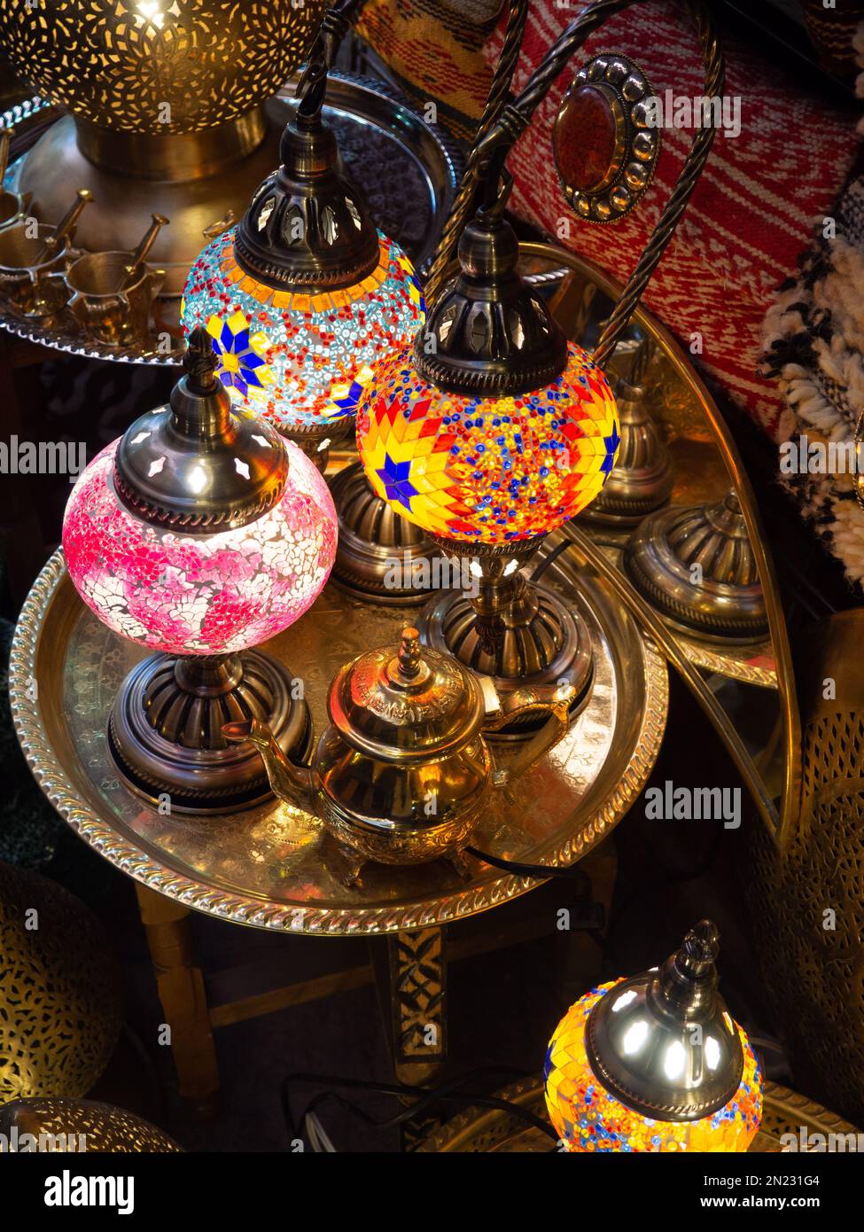 Moroccan style lamps in the medina traditional market. Lights and ...