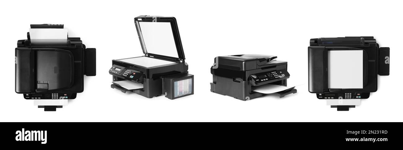 Modern multifunction printer on white background, views from different ...