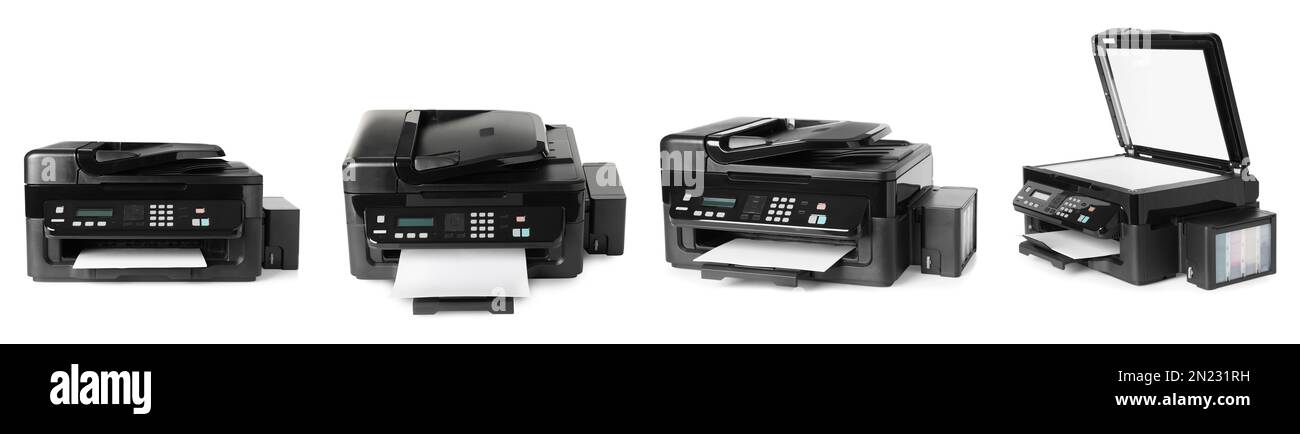 Modern multifunction printer on white background, views from different ...