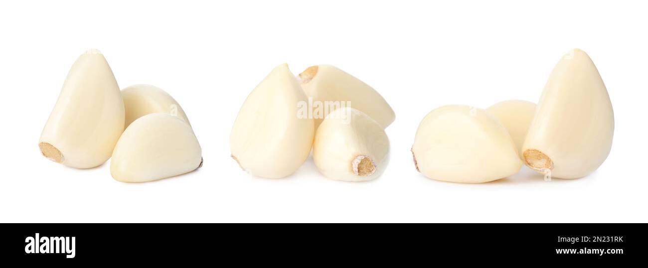 Set of fresh garlic cloves on white background. Banner design Stock ...