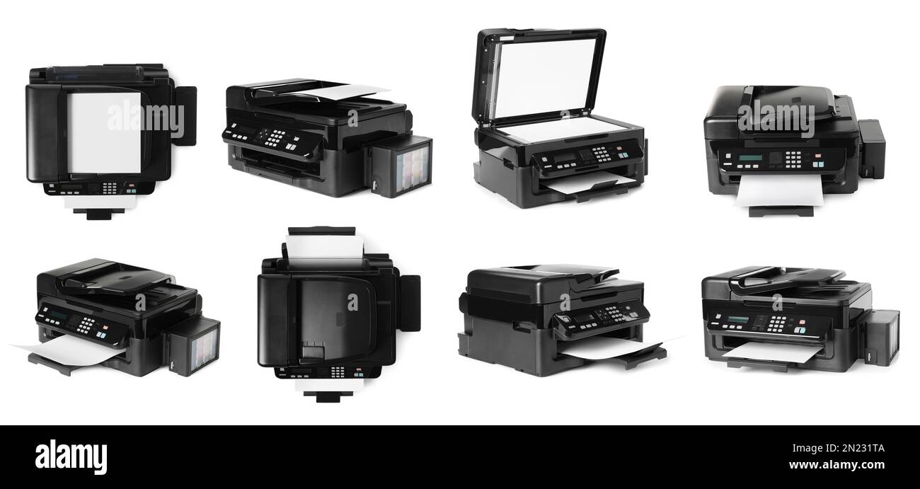 Modern multifunction printer on white background, views from different ...