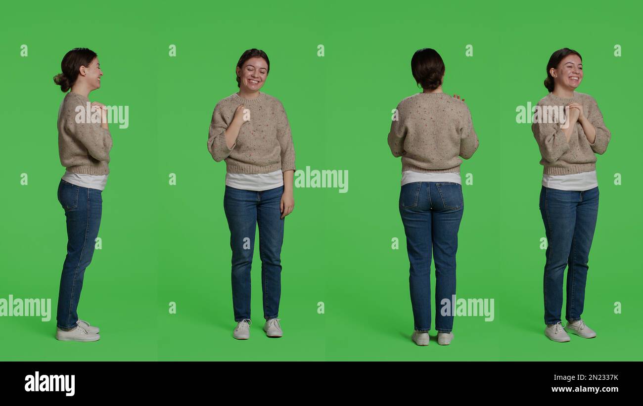 Caucasian woman greeting someone with wave, smiling on camera. Relaxed ...