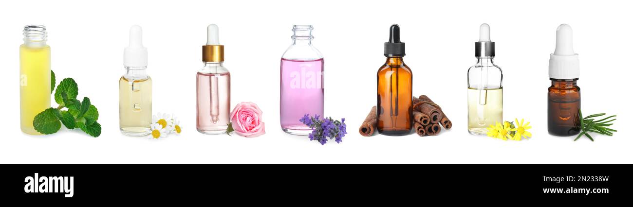 Set of different essential oils for aromatherapy on white background ...