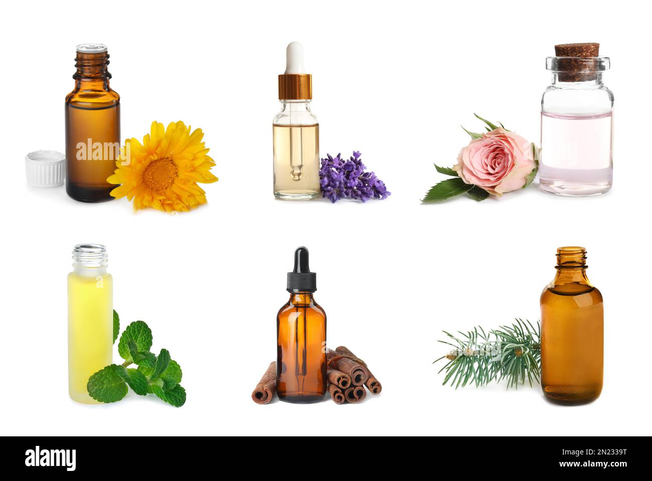Set of different essential oils for aromatherapy on white background ...
