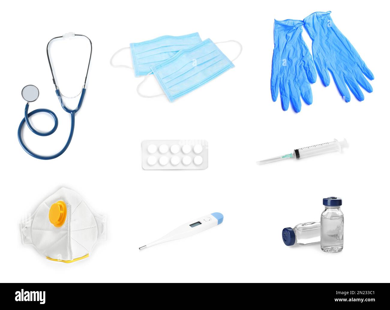 Set with disposable gloves and other medical items on white background ...