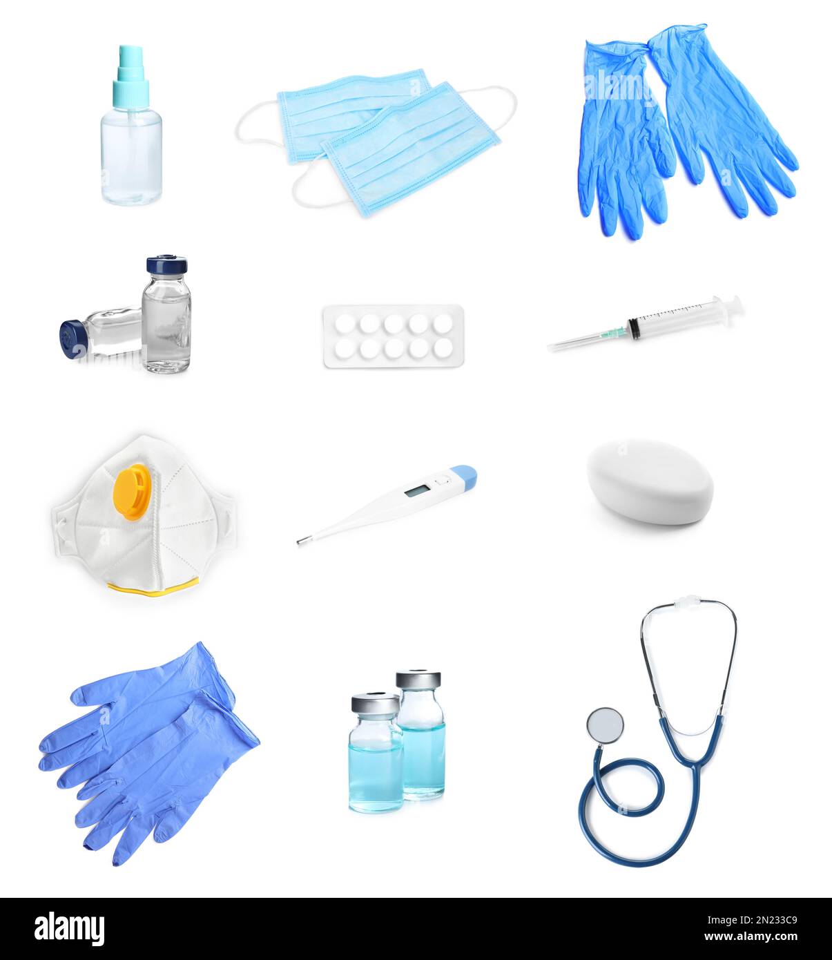 Set with disposable gloves and other medical items on white background ...