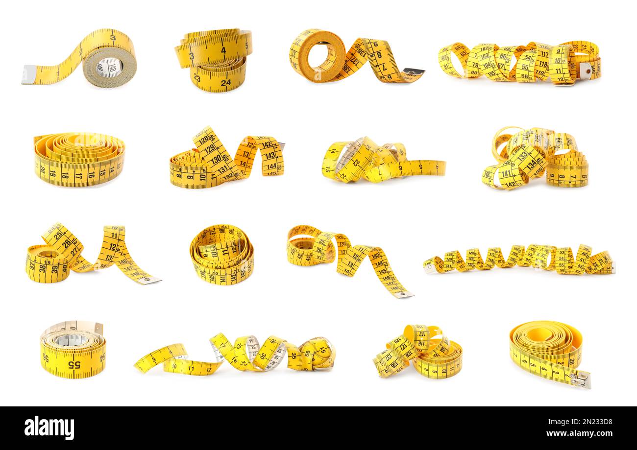 Set of yellow measuring tapes on white background Stock Photo - Alamy