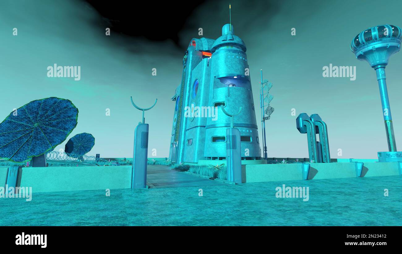 3D-illustration of an alien city and scifi architecture somewhere in ...