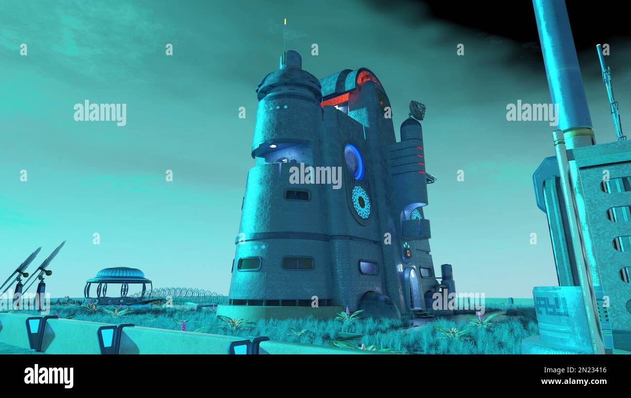 3D-illustration of an alien city and scifi architecture somewhere in ...