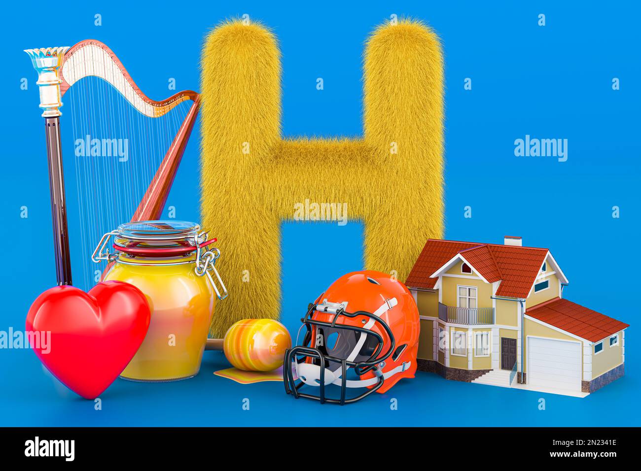 Kids ABC, fluffy letter H with home, heart, helmet, harp, honey. 3D ...