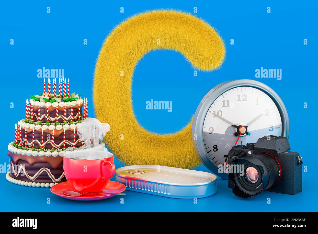 Kids ABC, fluffy letter C with cake, clock, cup, tin can, camera. 3D ...