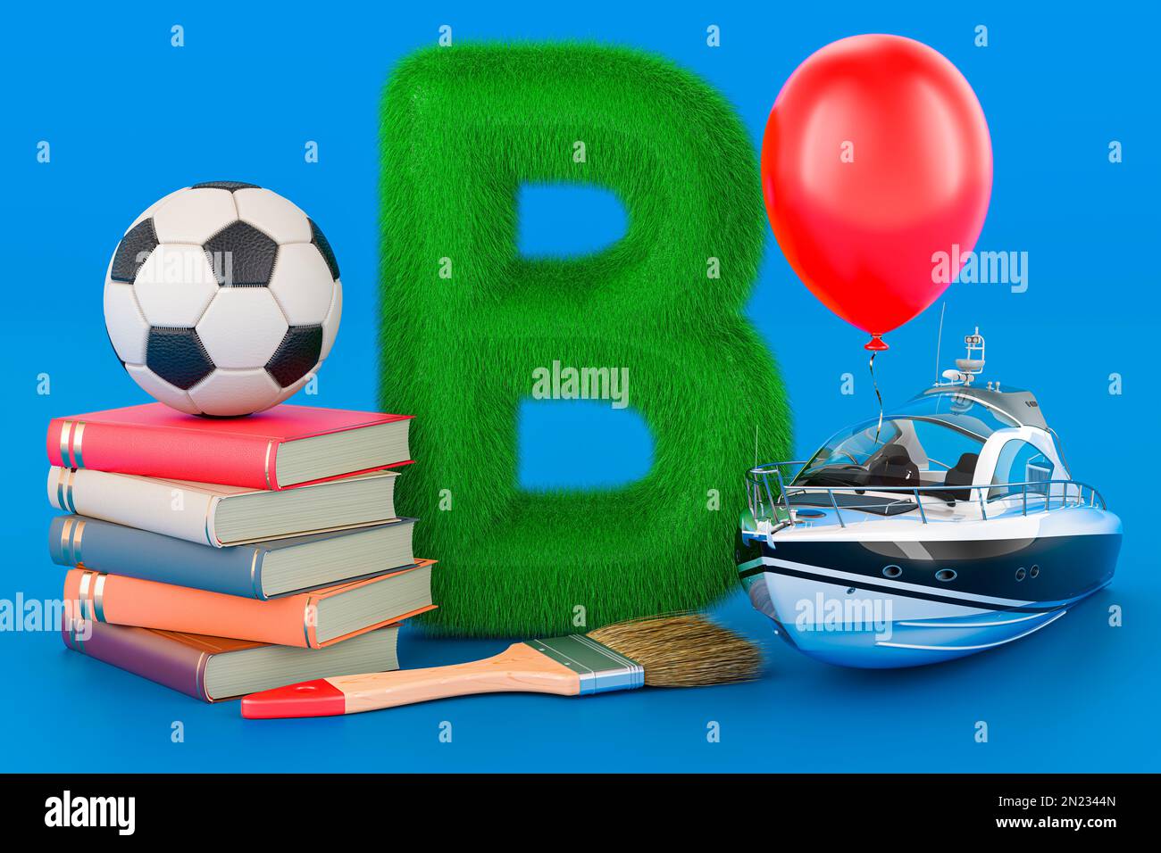 Kids ABC, fluffy letter B with ball, balloon, boat, book, brush ...