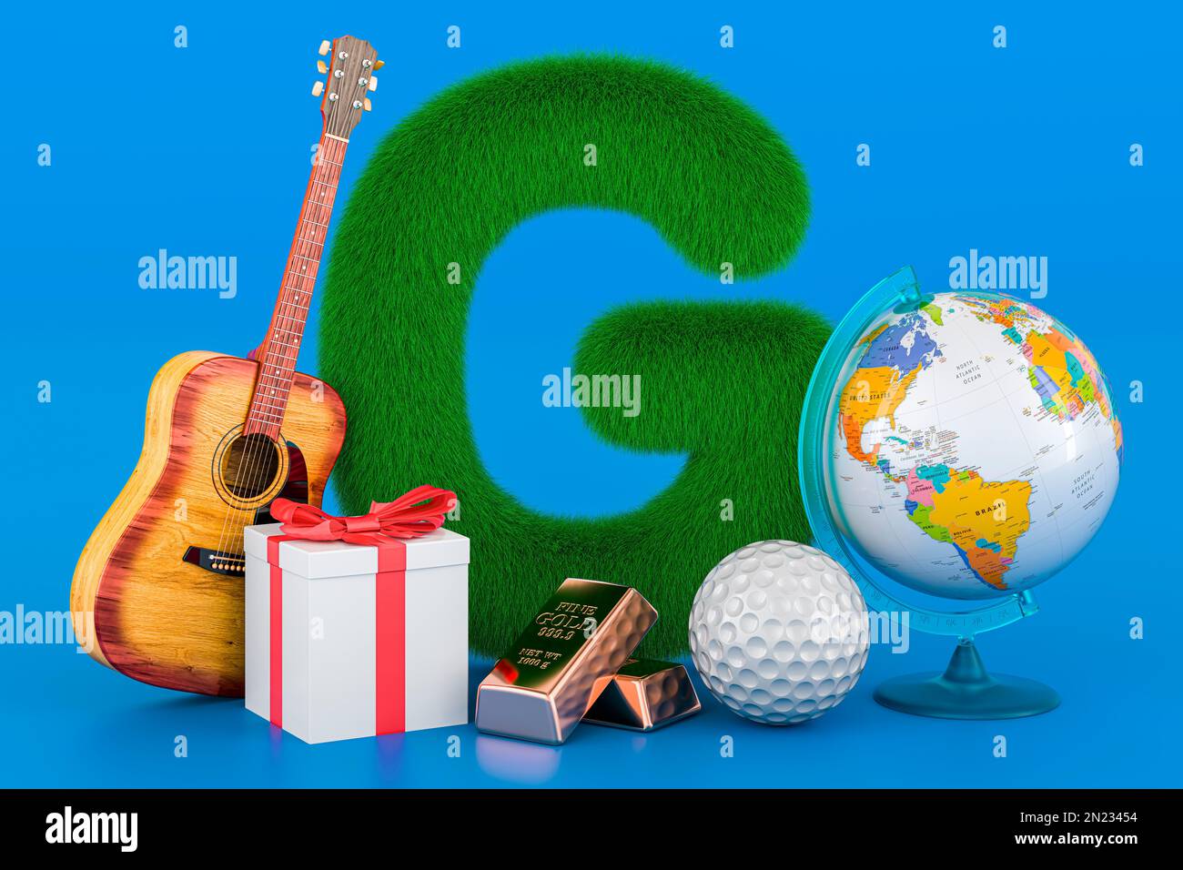 Kids ABC, fluffy letter G with guitar, geographical globe, gift box ...