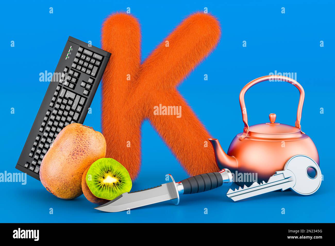 Kids ABC, fluffy letter K with key, knife, kettle, keyboard, kiwifruits ...