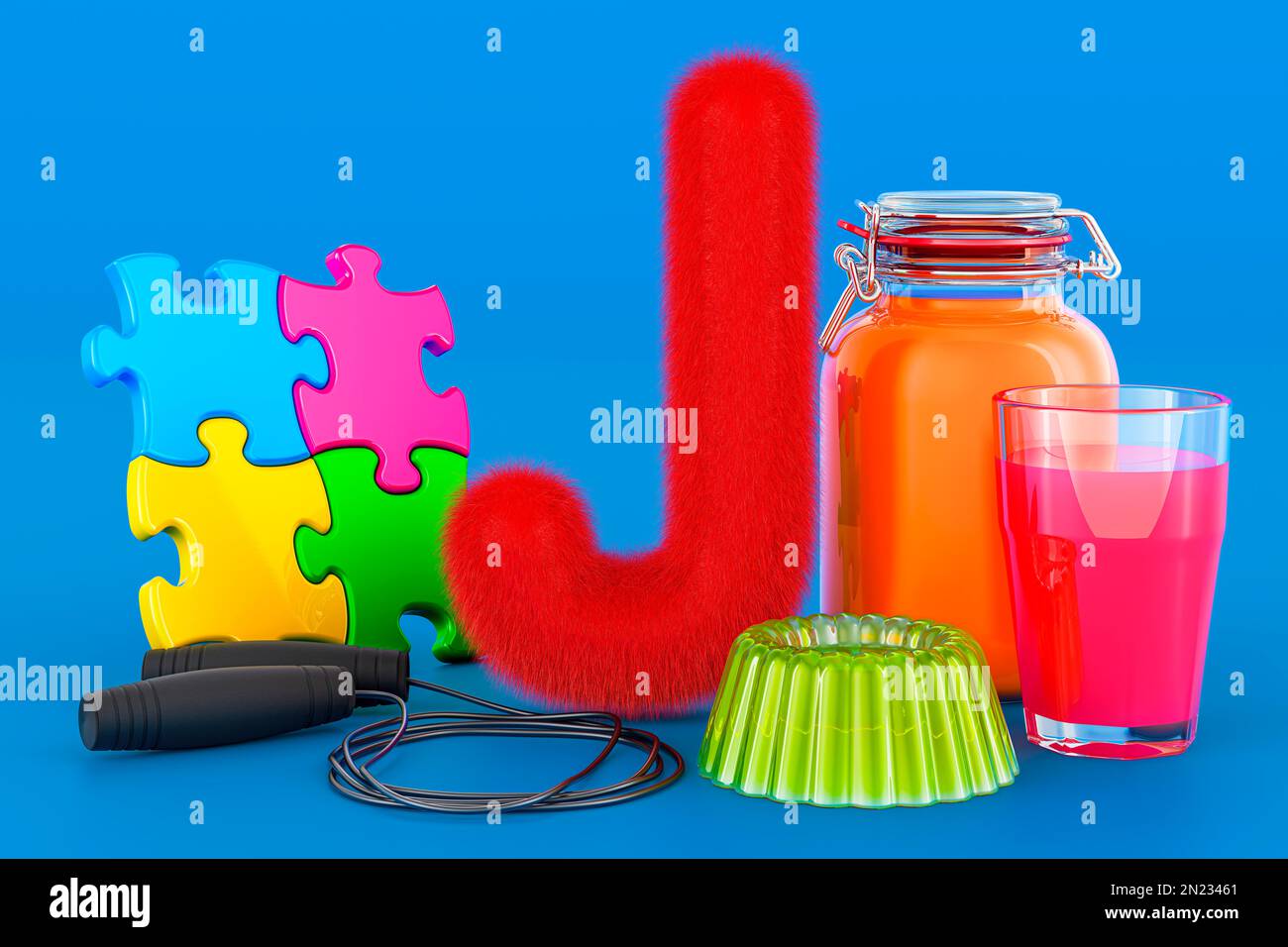 Kids ABC, fluffy letter J with jar of jam, jump rope, juce, jigsaw puzzle, fruit jelly. 3D ...