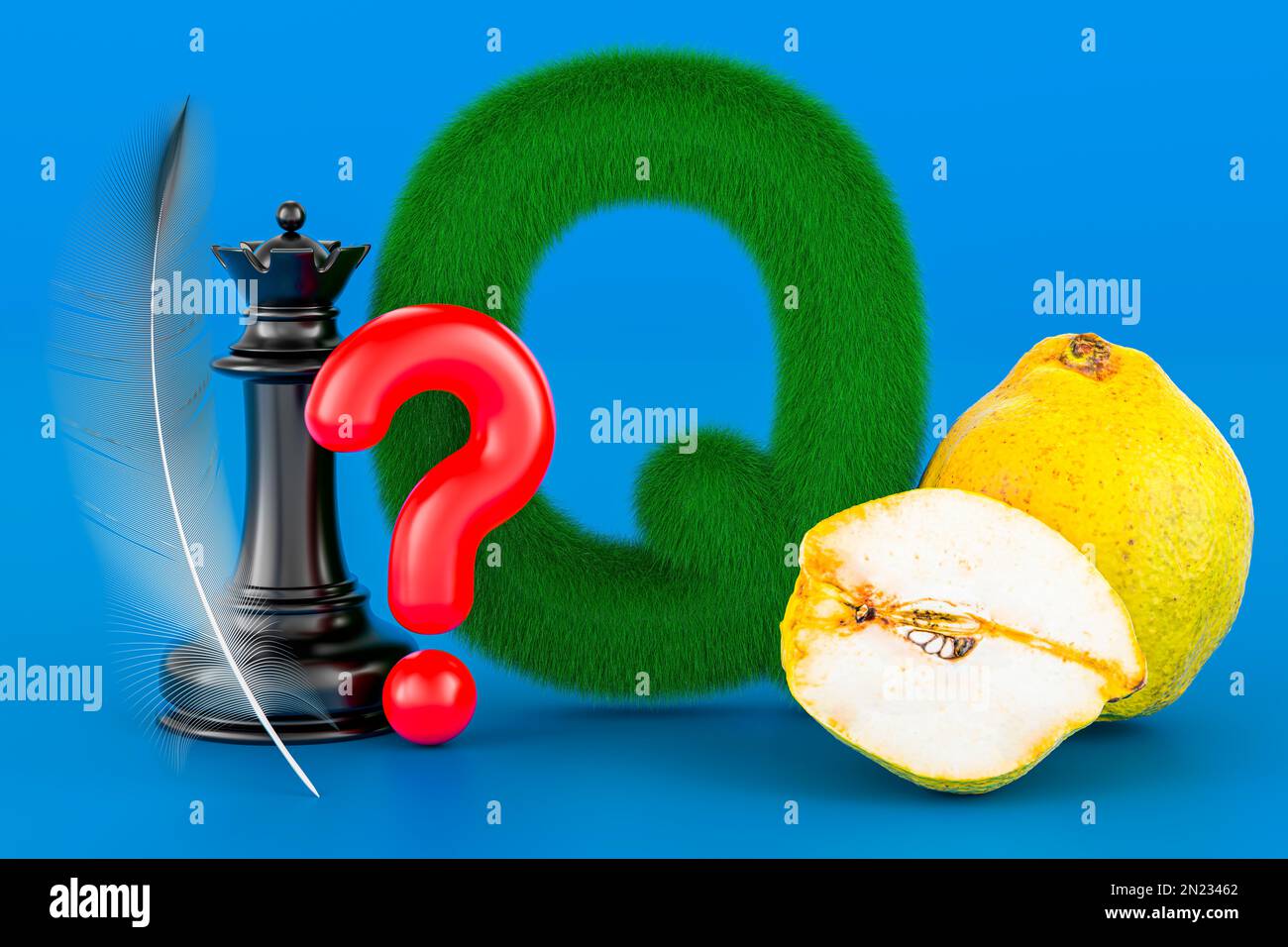 Kids ABC, fluffy letter Q with quill, question mark, queen chess ...