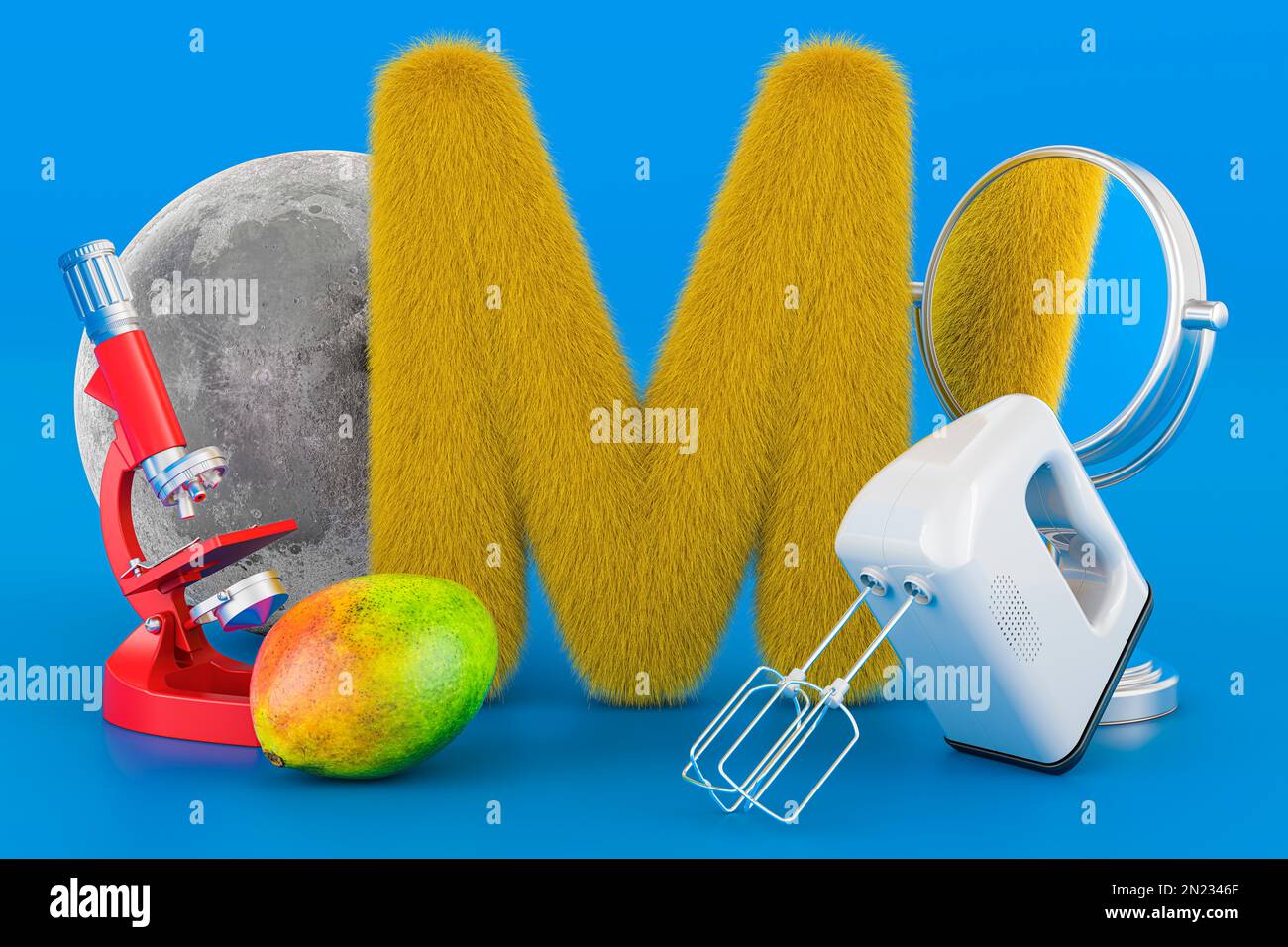 Kids ABC, fluffy letter M with moon, microscope, mirror, mixer, mango ...