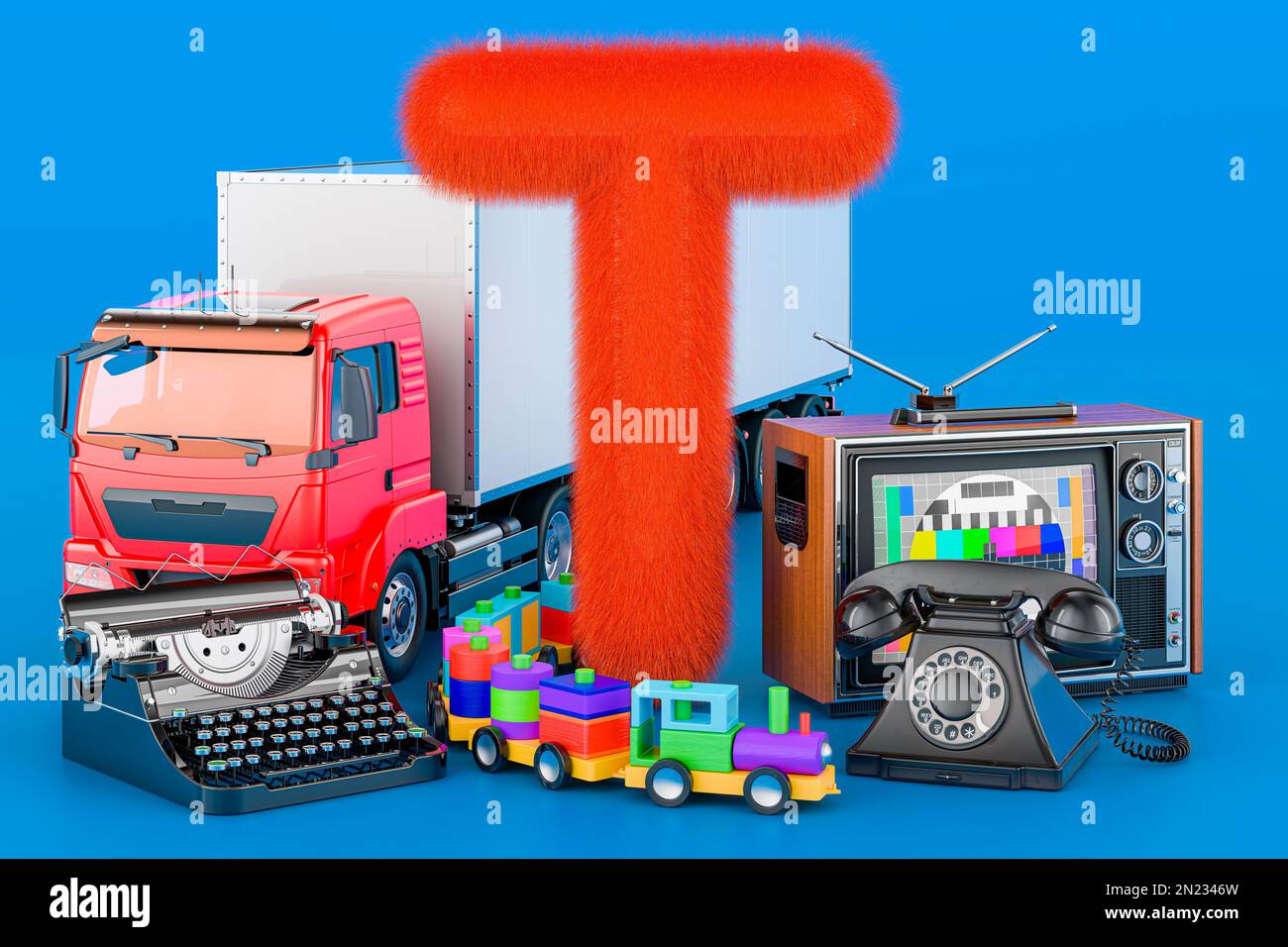 Kids ABC, fluffy letter T with telephone, train, truck, typewriter, TV ...