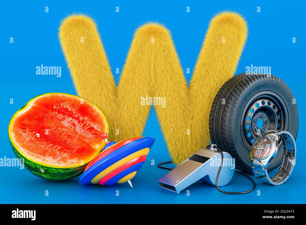 Kids ABC, fluffy letter W with watch, whirligig top, whistle, wheel ...