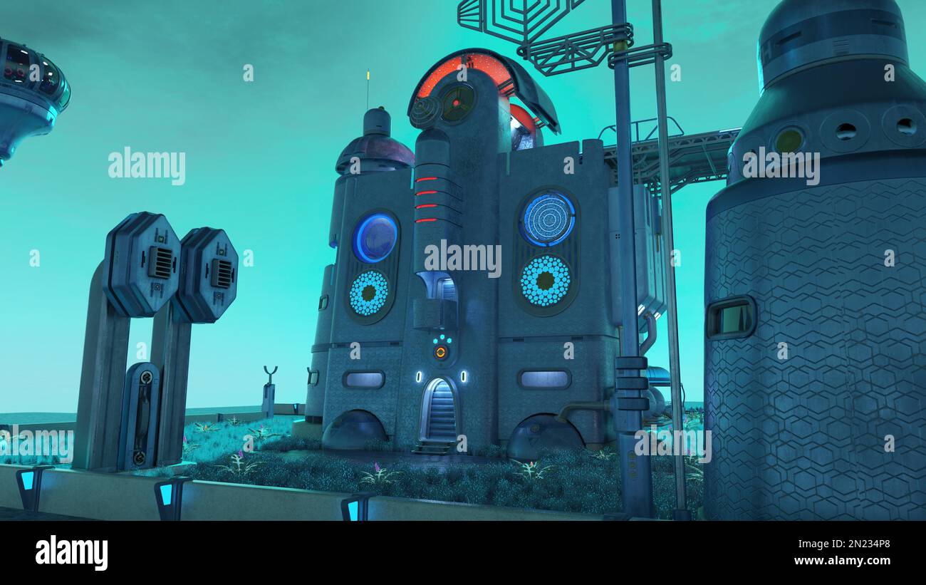 3D-illustration of an alien city and scifi architecture somewhere in ...