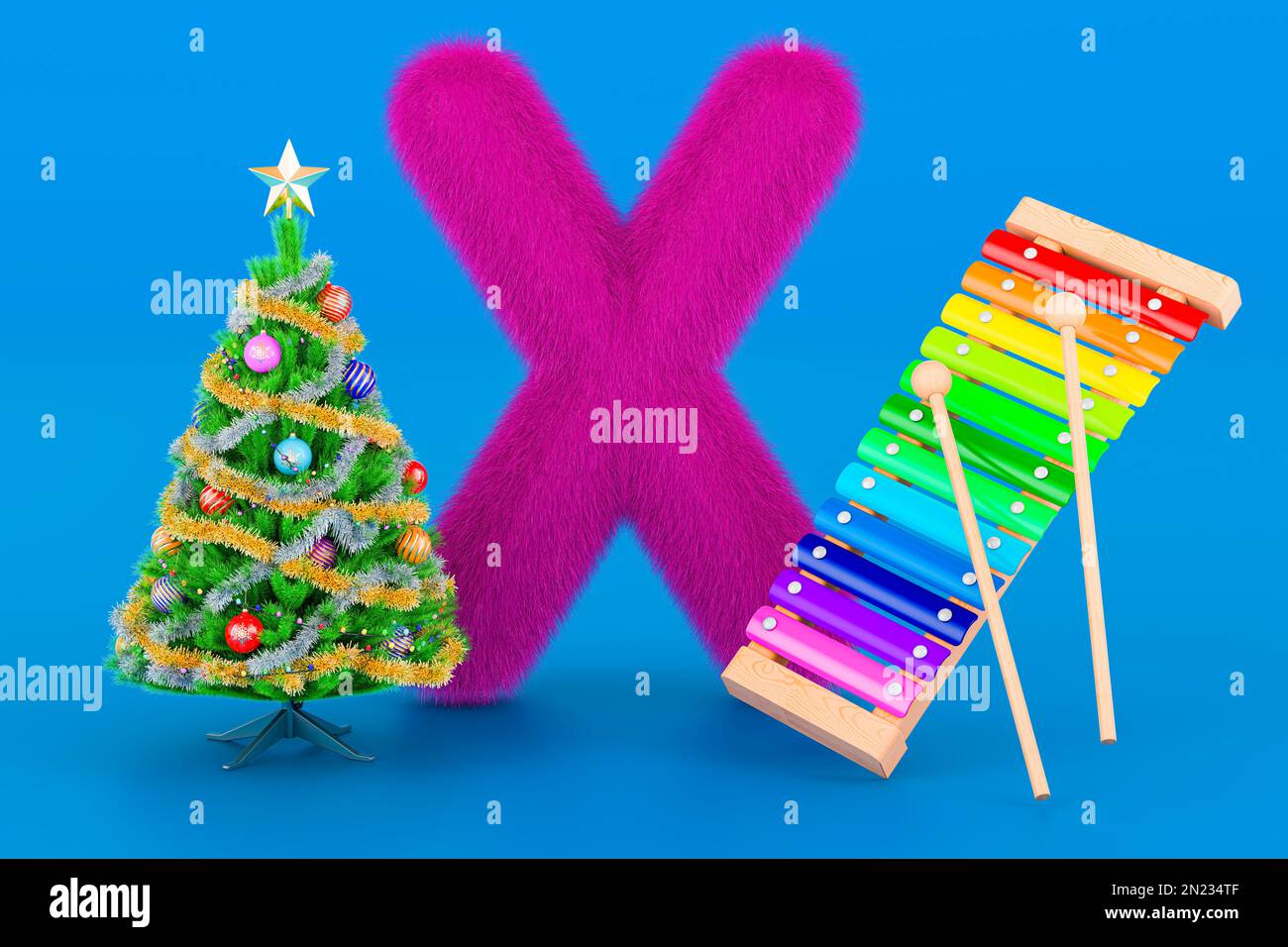 Kids ABC, fluffy letter X with xylophone, X-mas tree. 3D rendering on ...