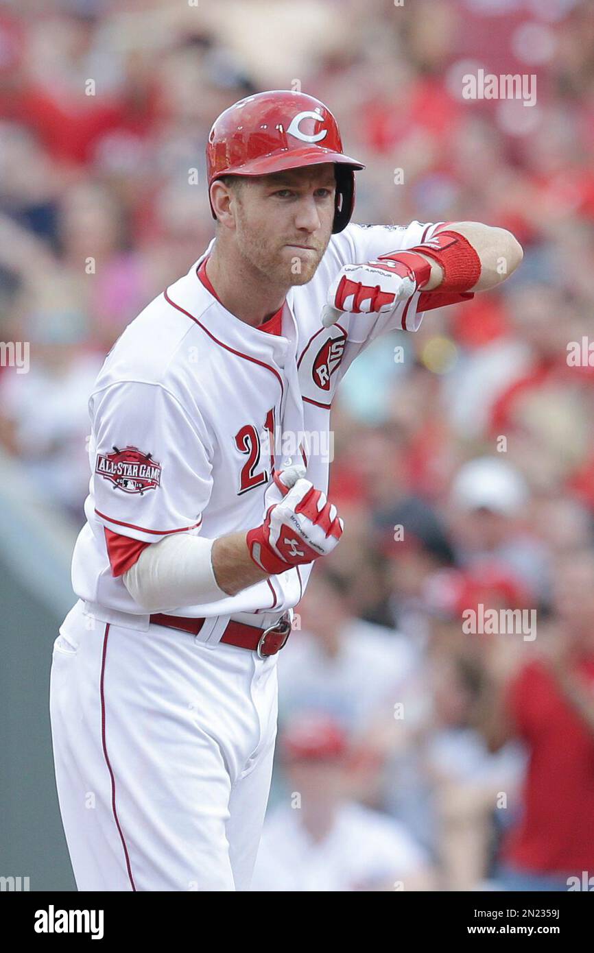 Cincinnati Reds' Todd Frazier reacts after hitting an RBI single in the ...