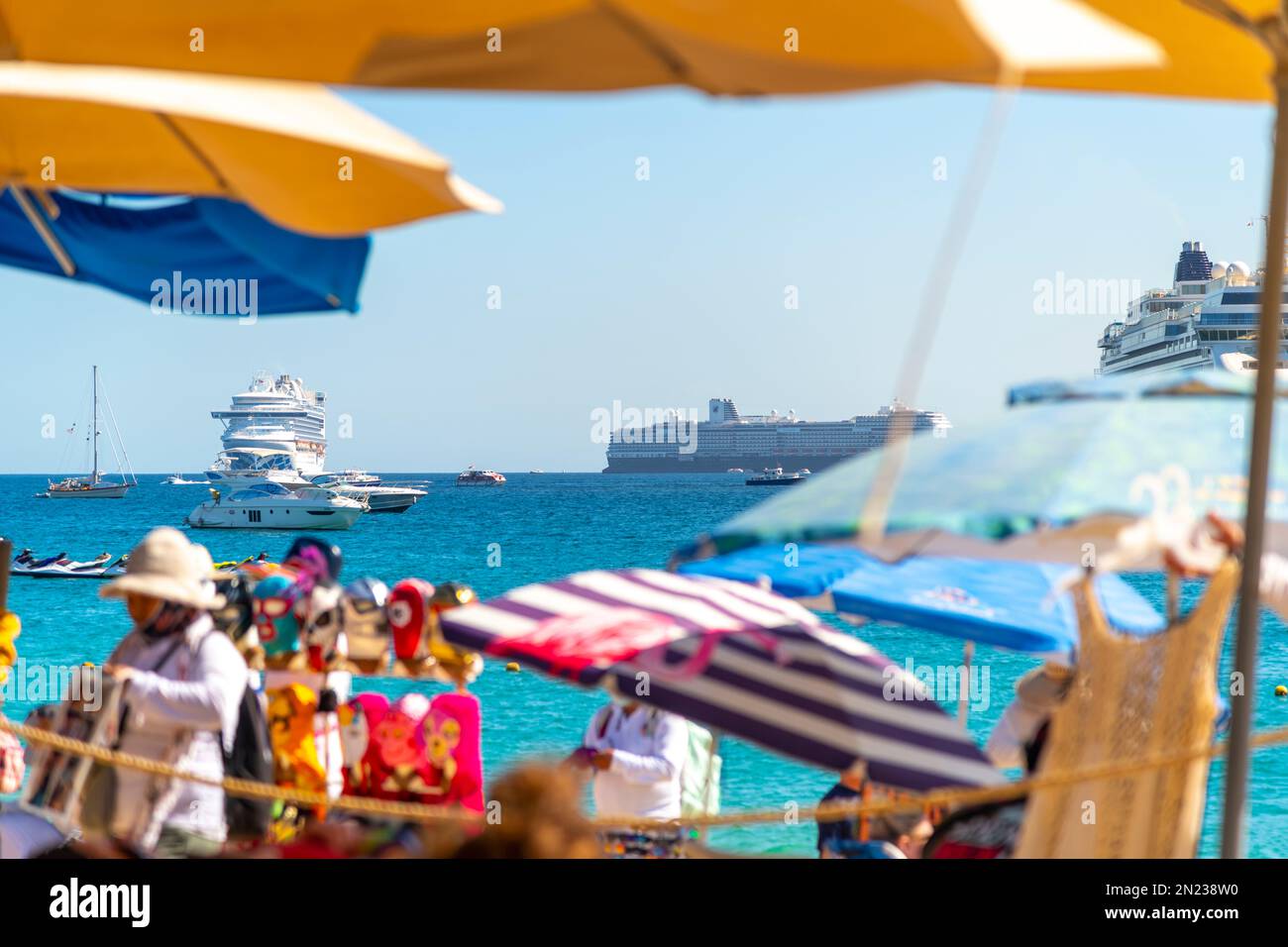 Cruise ships, jet skis, sailboats, yachts and motorboats seen at sea ...