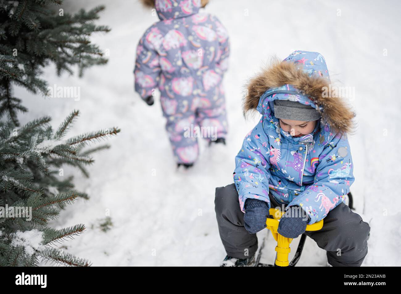 Children play outdoors in snow. Two little sisters enjoy a sleigh ride ...