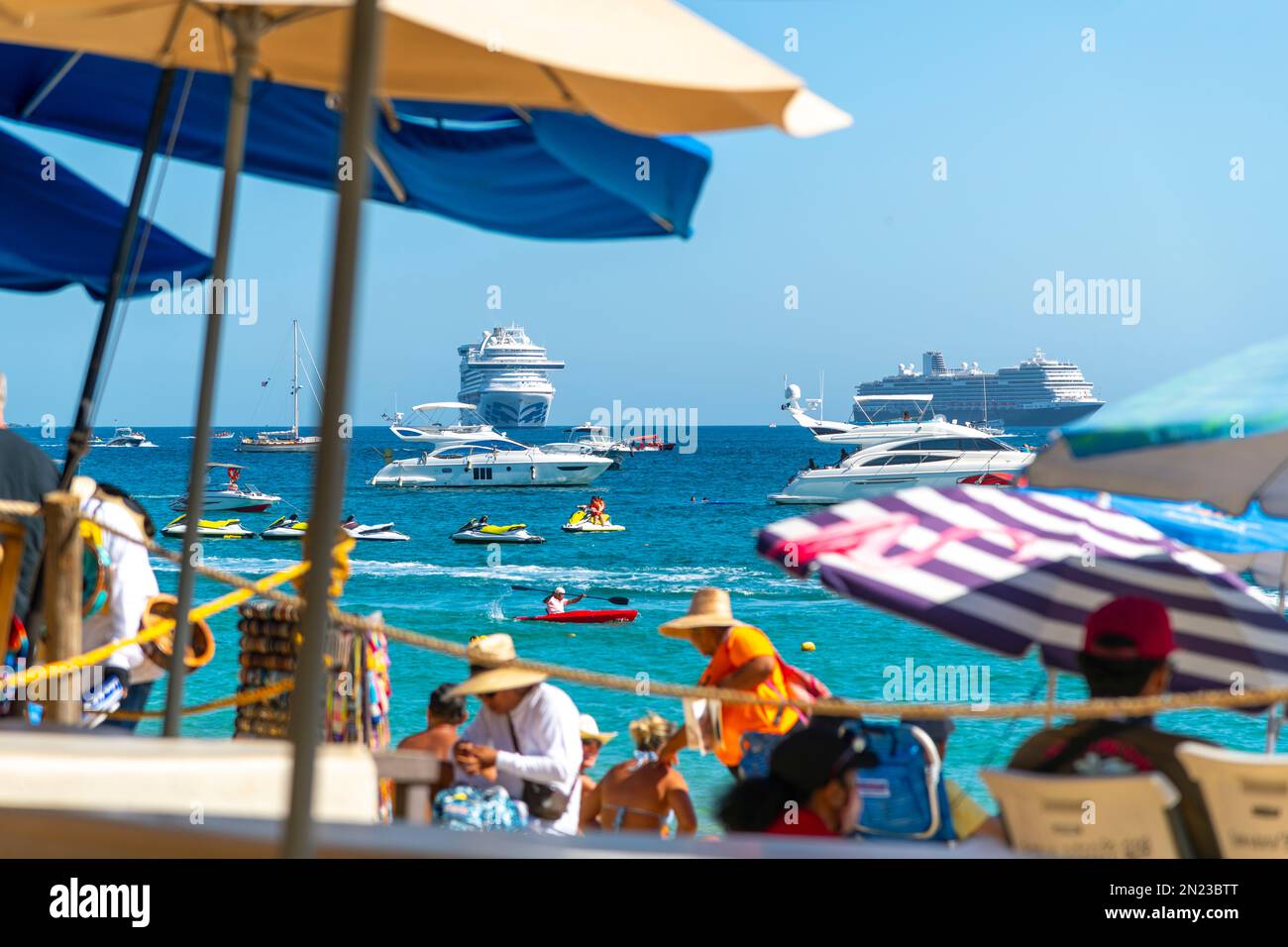 Cruise ships, jet skis, sailboats, yachts and motorboats seen at sea ...