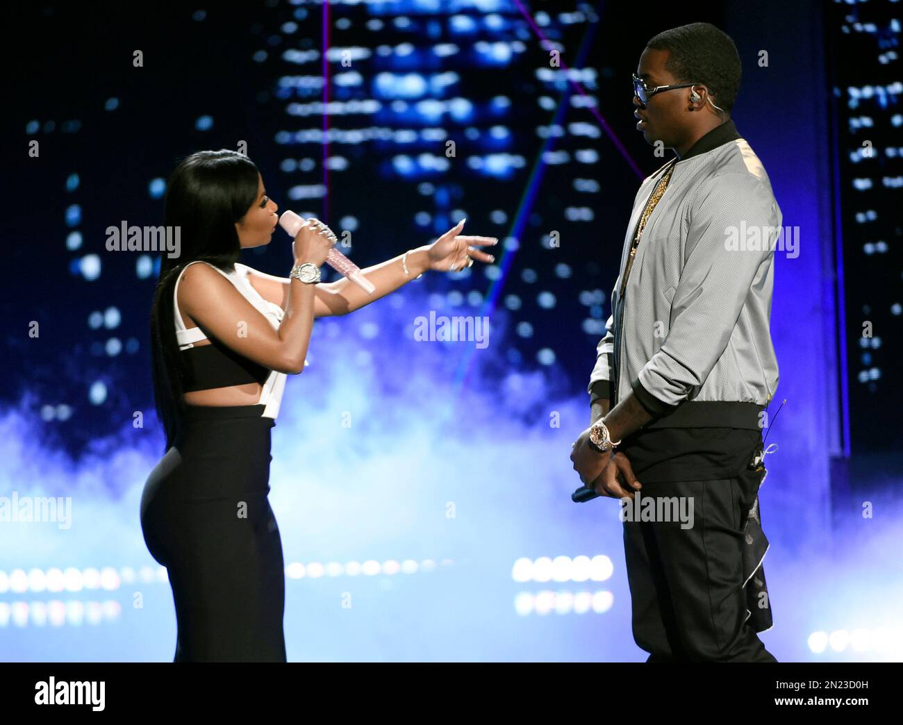 Nicki Minaj, left, and Meek Mill perform at the BET Awards at the ...