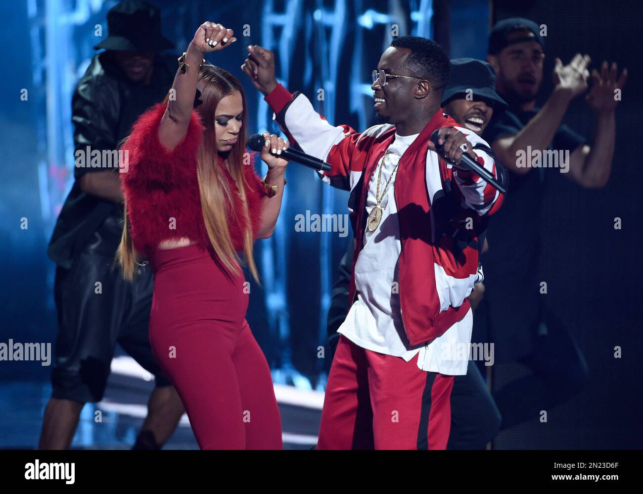 Faith Evans, left, and Sean "Diddy" Combs perform at the BET Awards at ...