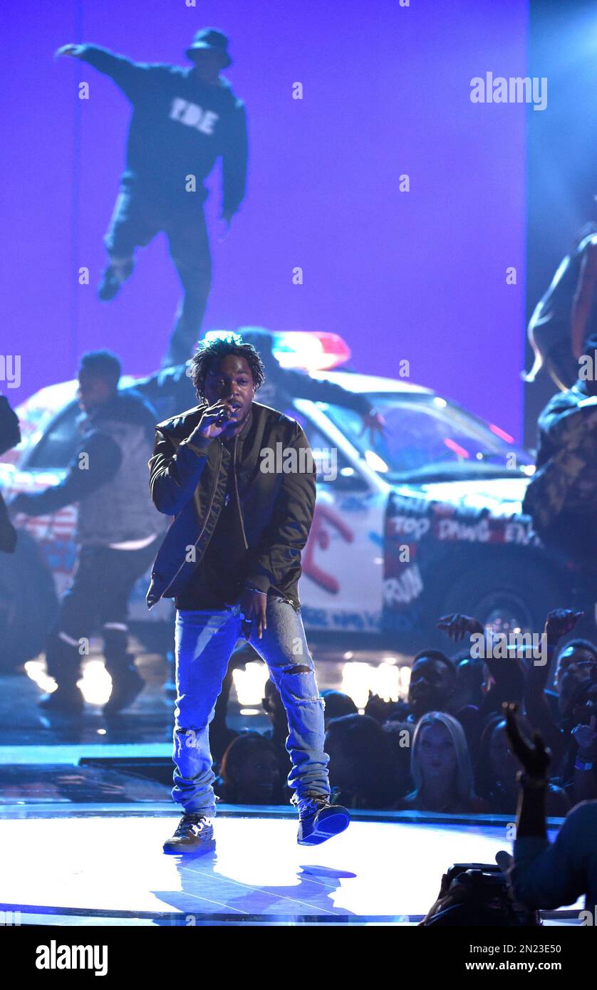 Kendrick Lamar performs at the BET Awards at the Microsoft Theater on ...