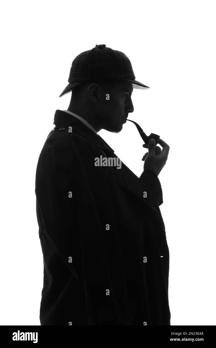 Old fashioned detective with smoking pipe on white background Stock ...