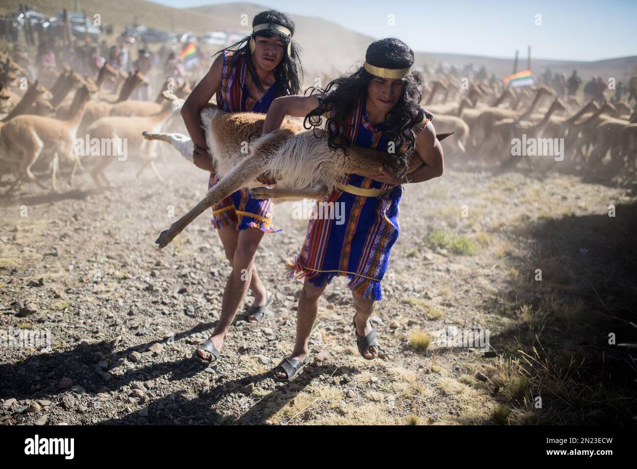 In this Wednesday, June 24, 2015 photo, two young men dressed as Inca ...