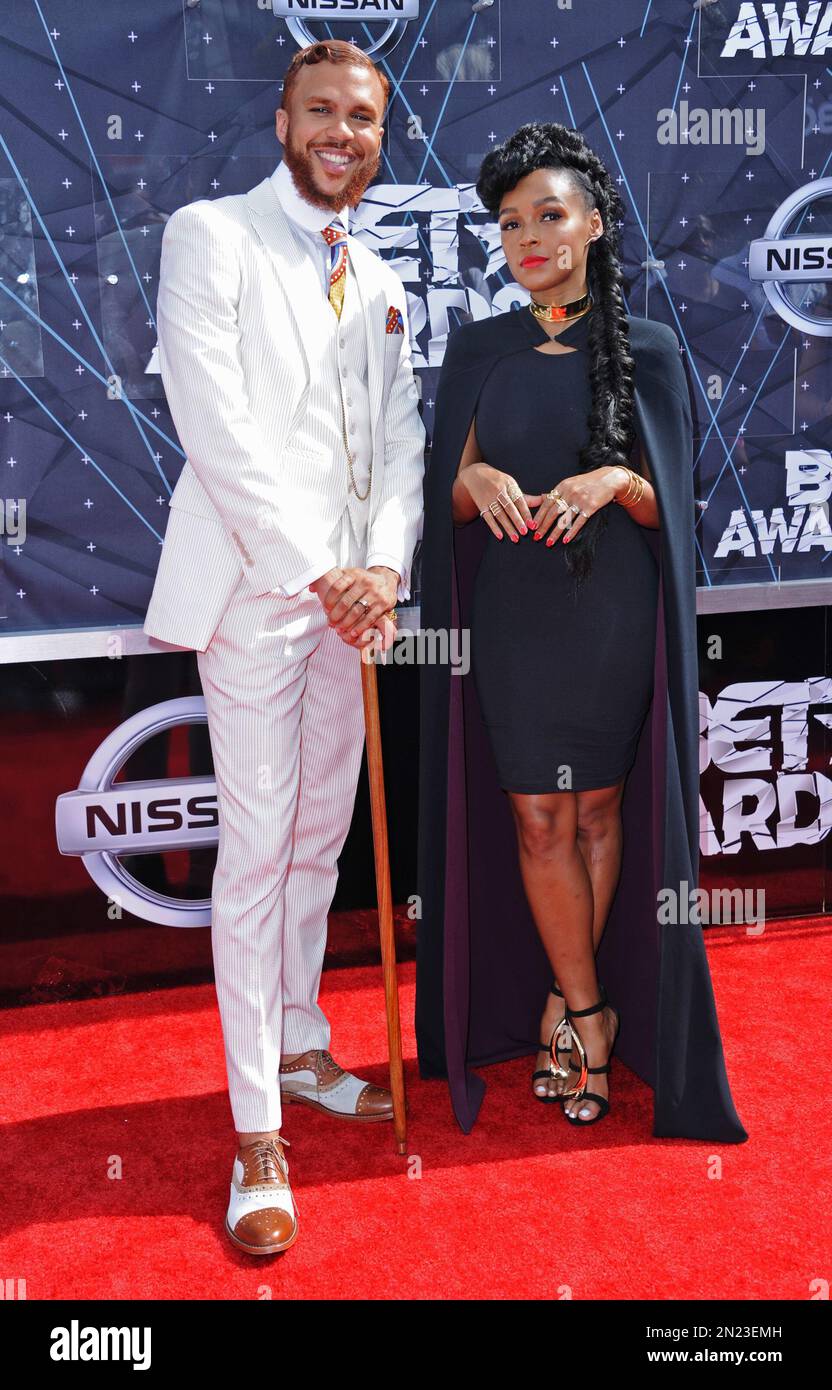 Jidenna, left, and Janelle Monae arrive at the BET Awards at the ...