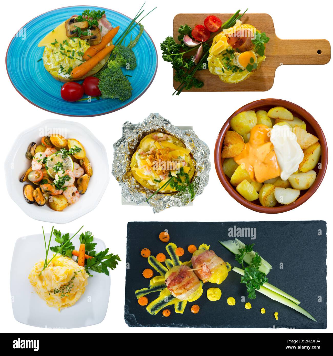Potato dishes collage on a white background Stock Photo - Alamy