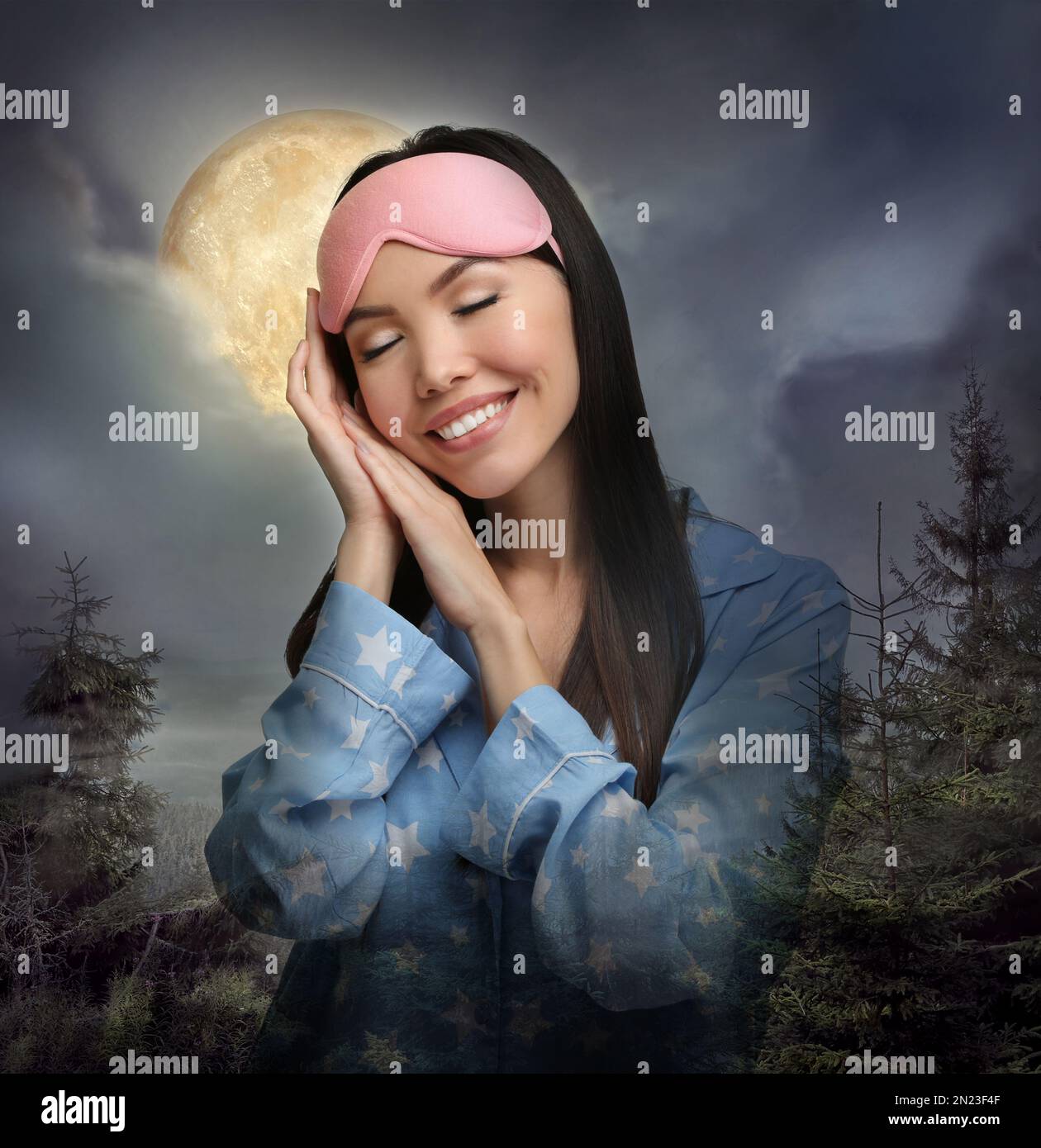 Beautiful woman and night starry sky with full moon on background ...