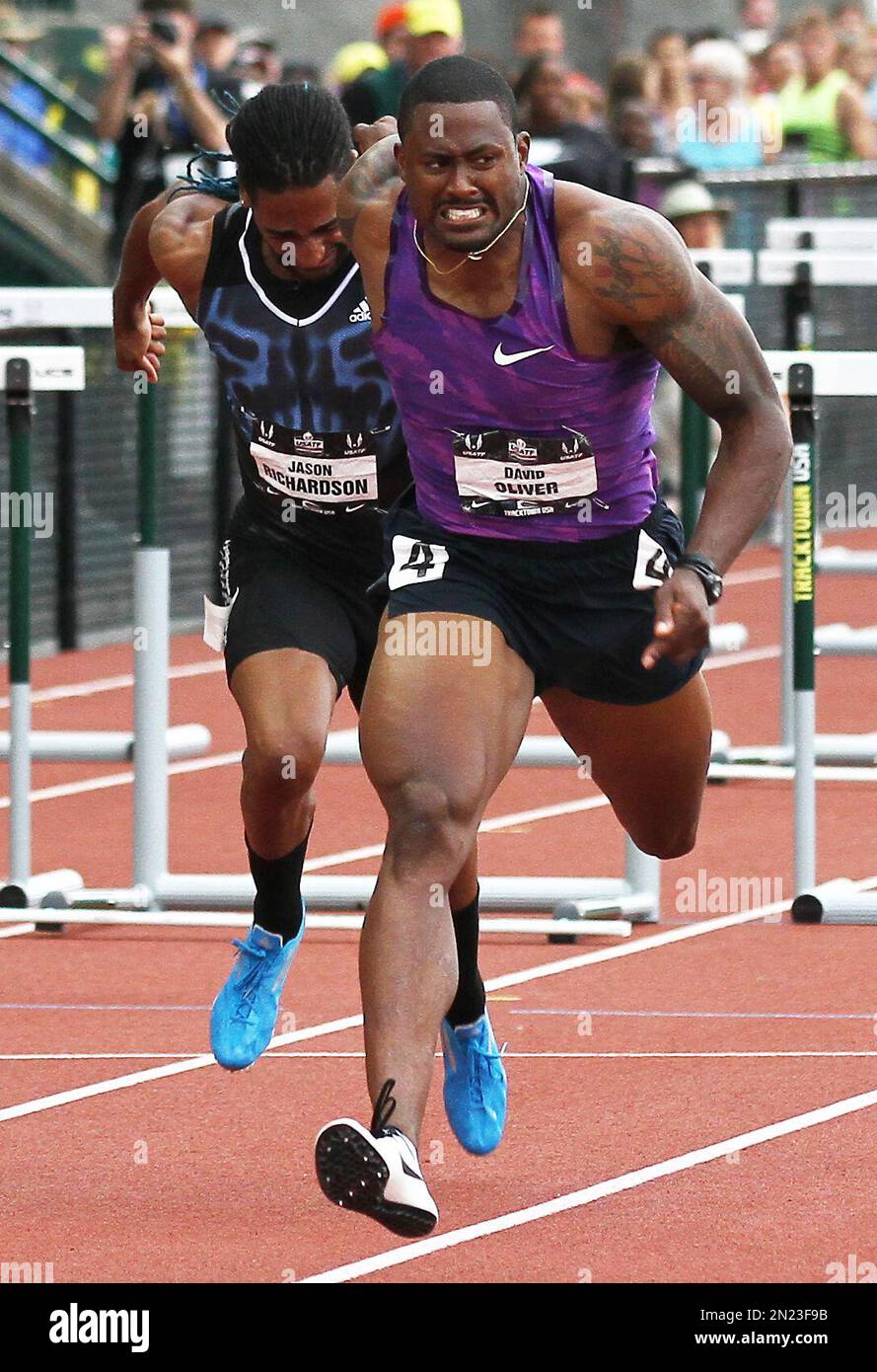 David Oliver, right, finishes first in the 110-meter hurdles at the U.S ...