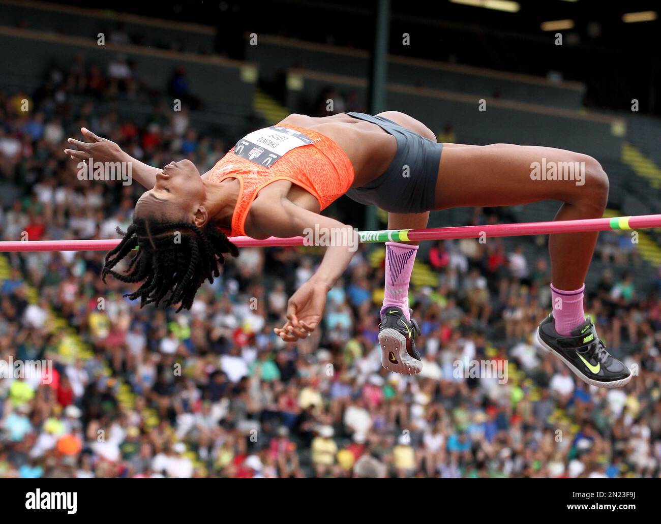 Chaunte Lowe clears the bar on her way to winning the high jump at the ...