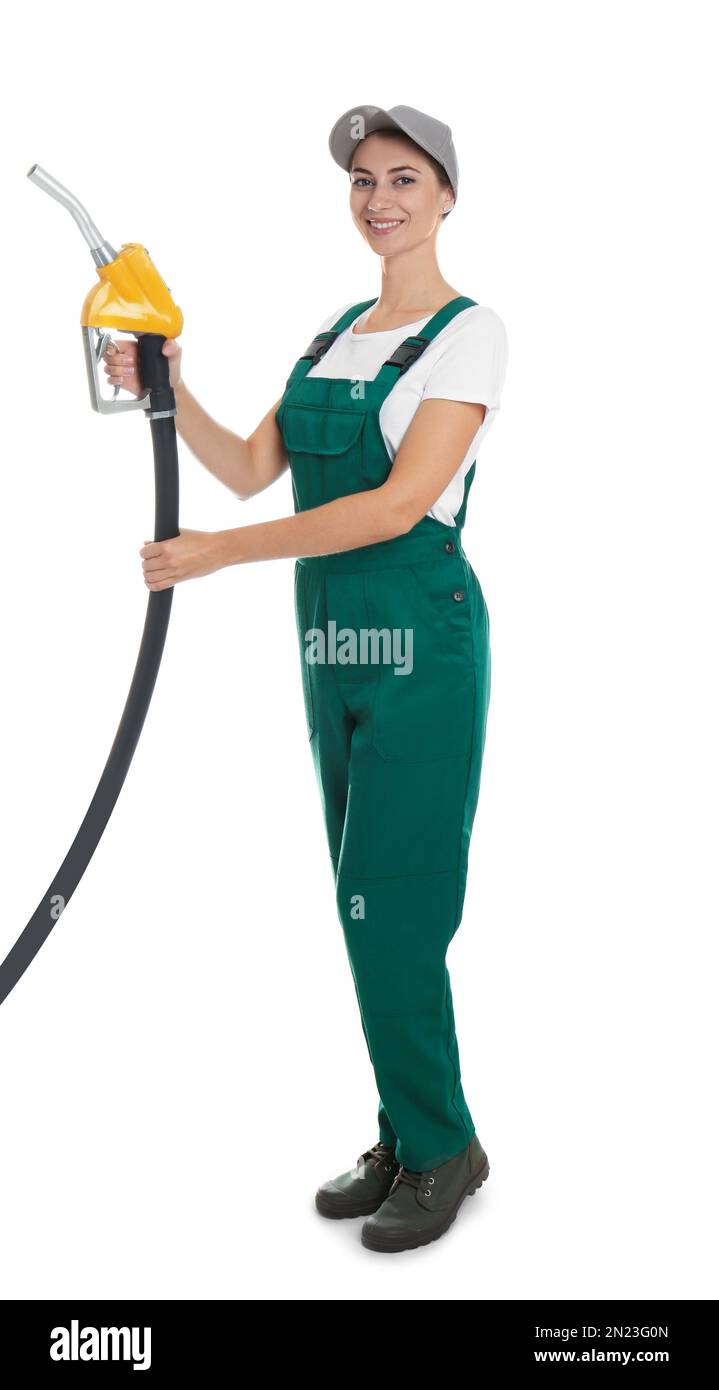 Gas station worker with fuel nozzle on white background Stock Photo - Alamy