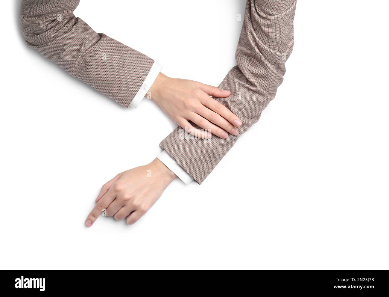 Woman on white background, top view. Closeup of hands Stock Photo - Alamy