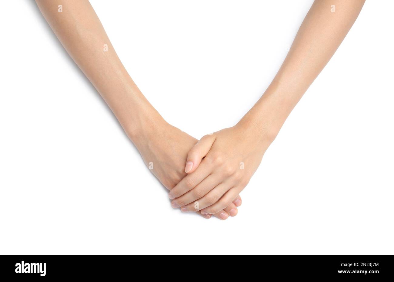 Woman on white background, top view. Closeup of hands Stock Photo - Alamy