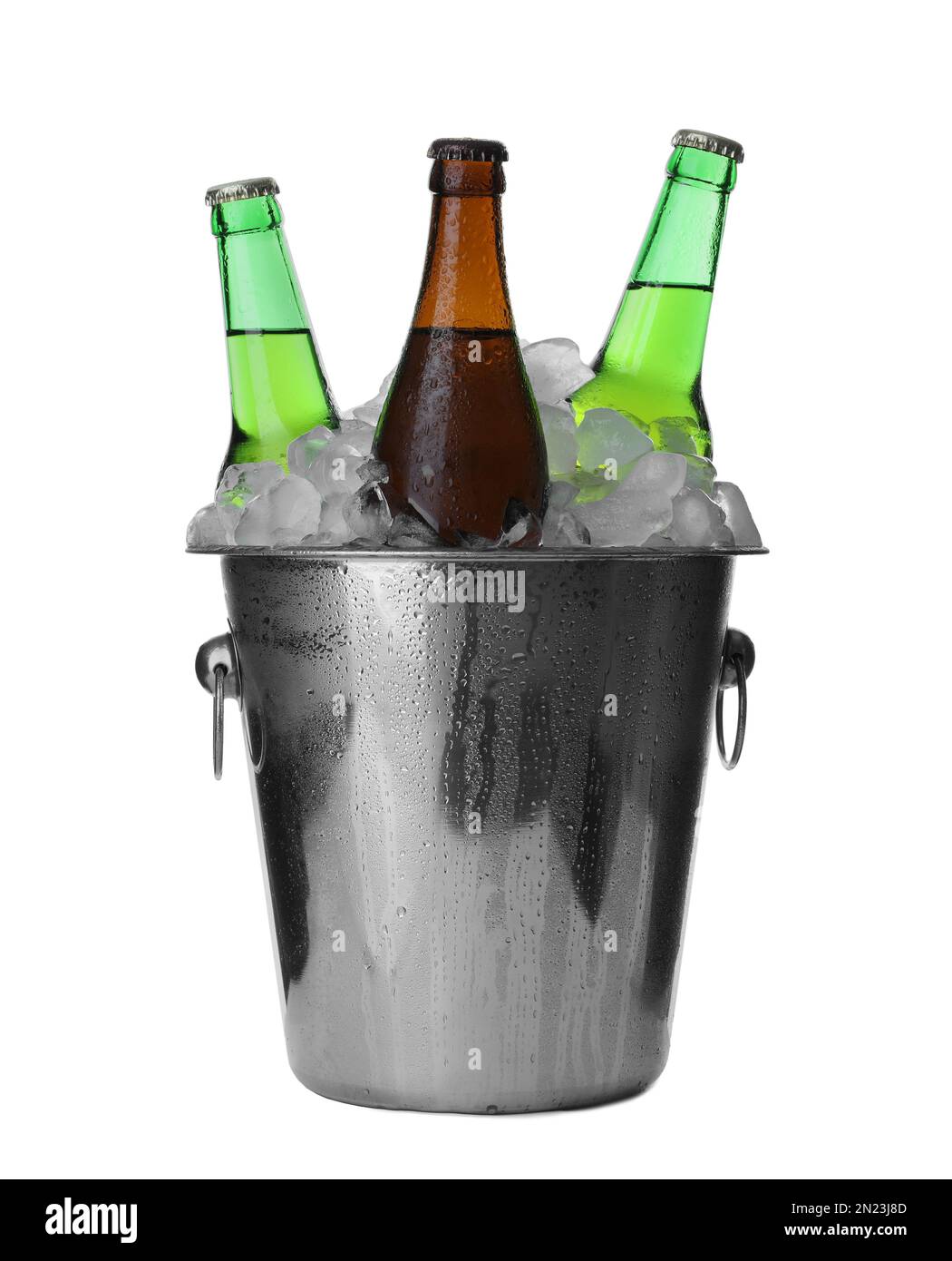 Metal bucket with bottles of beer and ice cubes isolated on white Stock ...