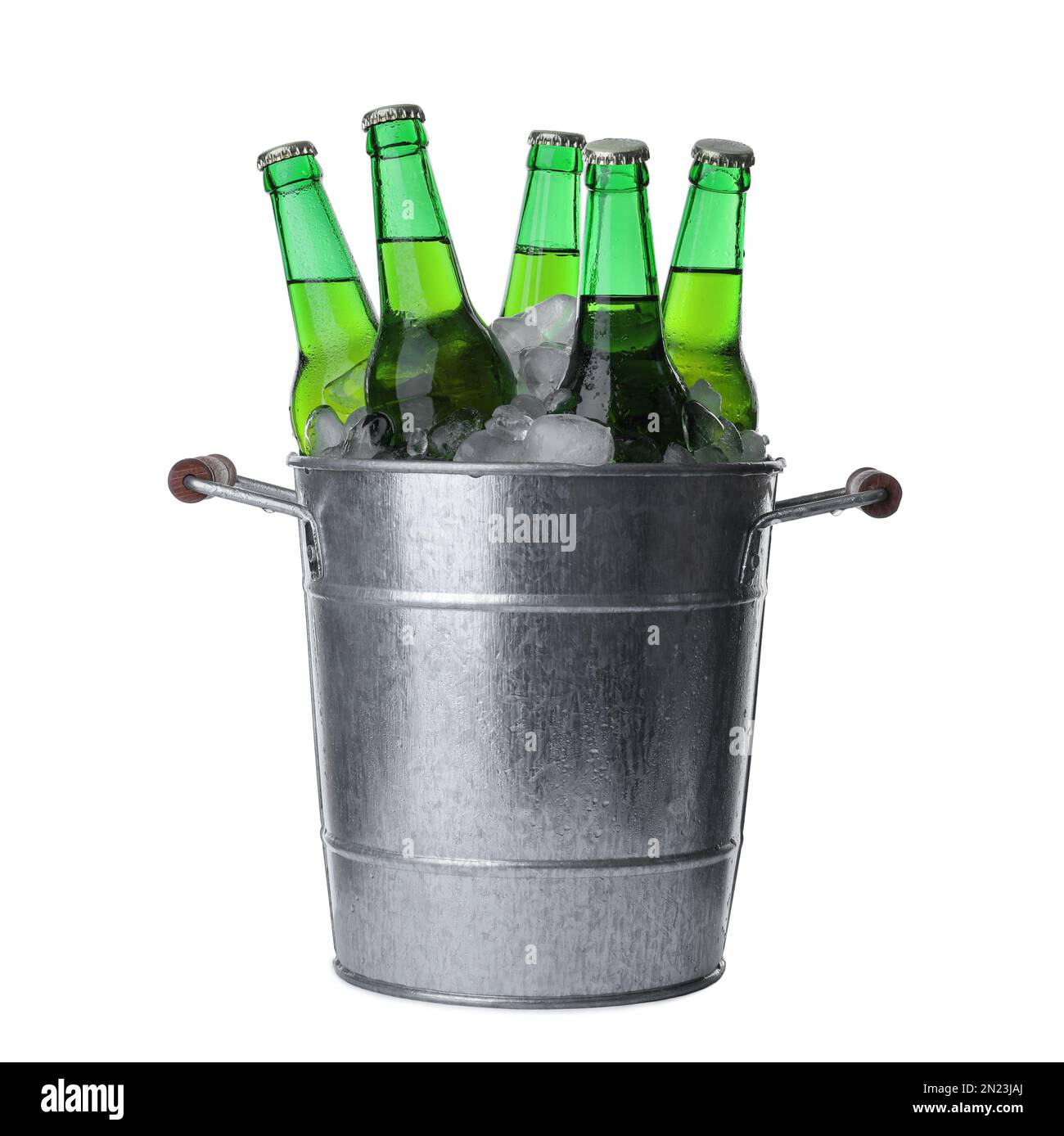 Metal bucket with bottles of beer and ice cubes isolated on white Stock ...