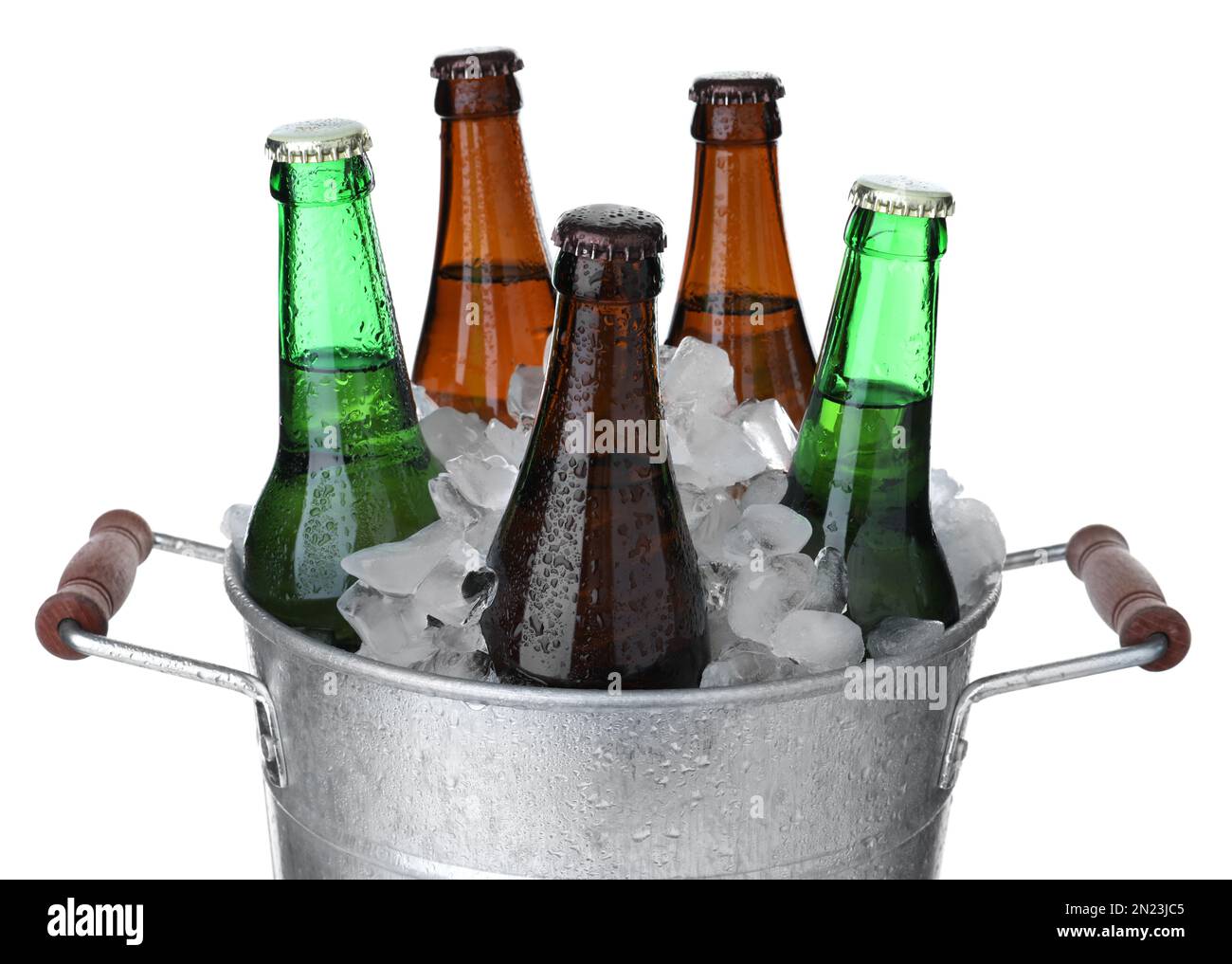 Metal bucket with bottles of beer and ice cubes isolated on white Stock ...
