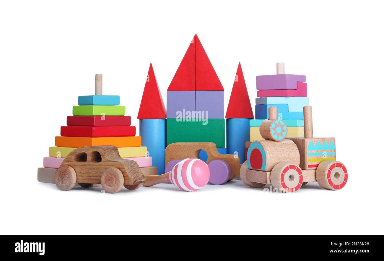 Set of different toys on white background Stock Photo - Alamy