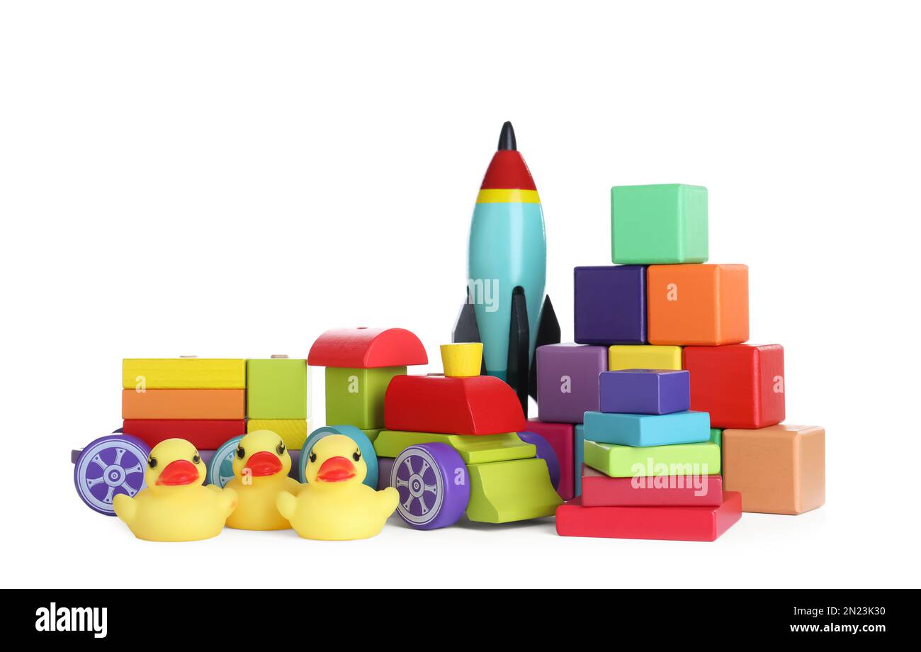 Set of different toys on white background Stock Photo - Alamy