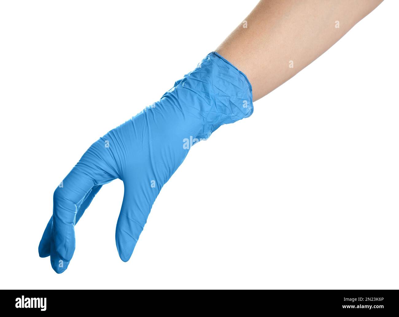 Woman in blue latex gloves holding something on white background ...