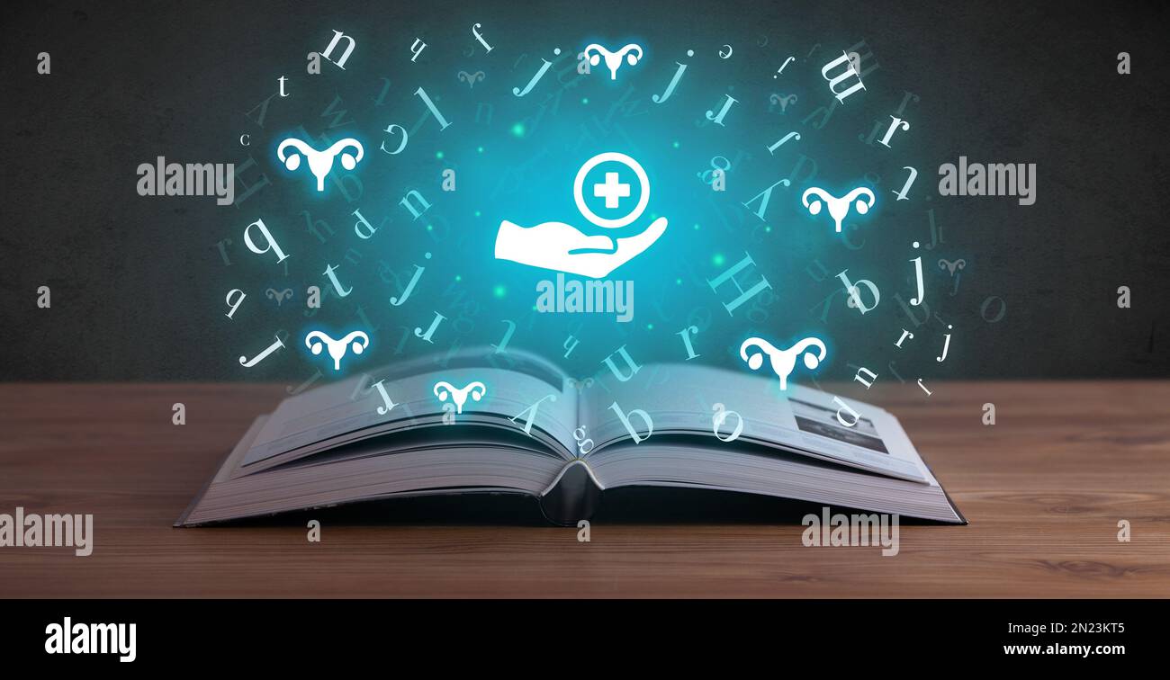 Open medical book with health icons above Stock Photo - Alamy