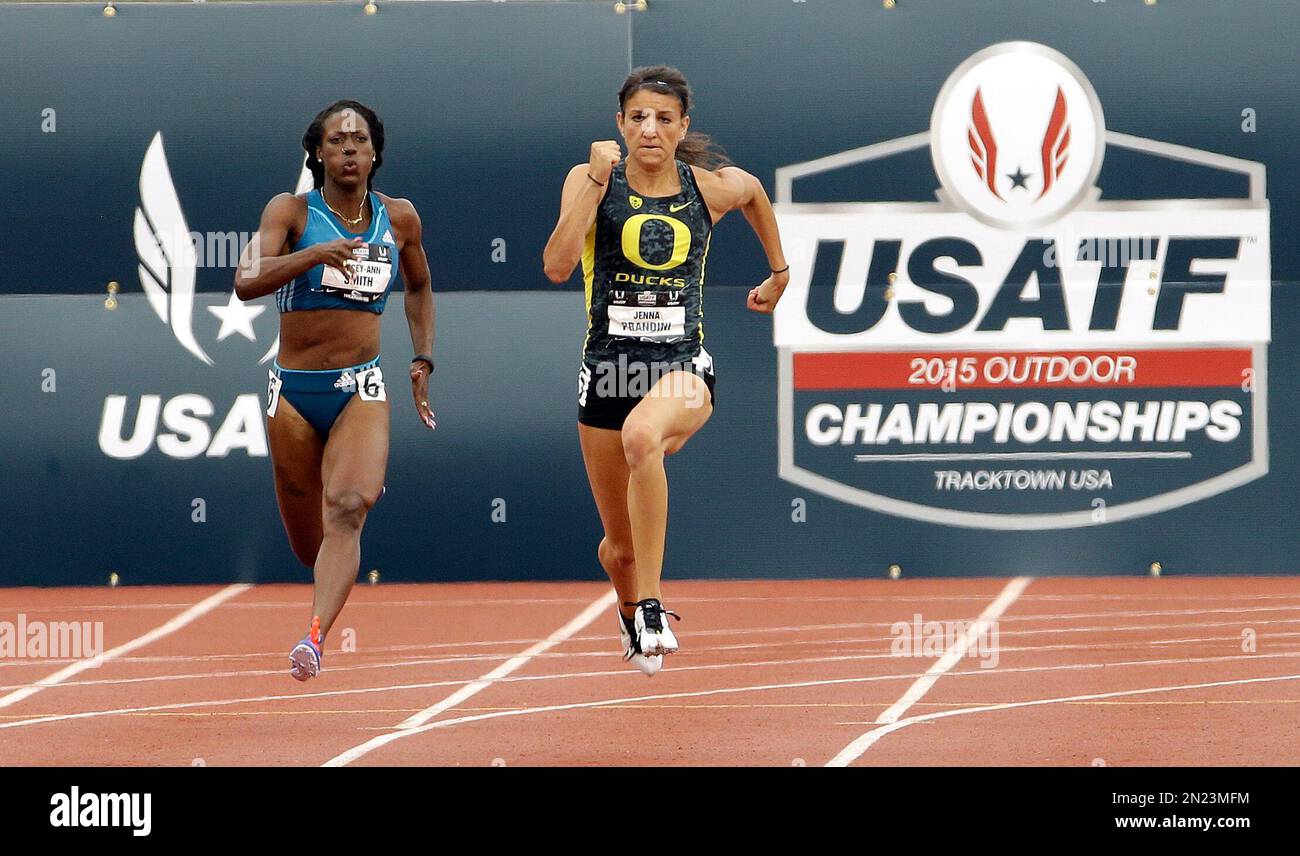 Jenna Prandini, right, and Stacey-Ann Smith head down the stretch ...